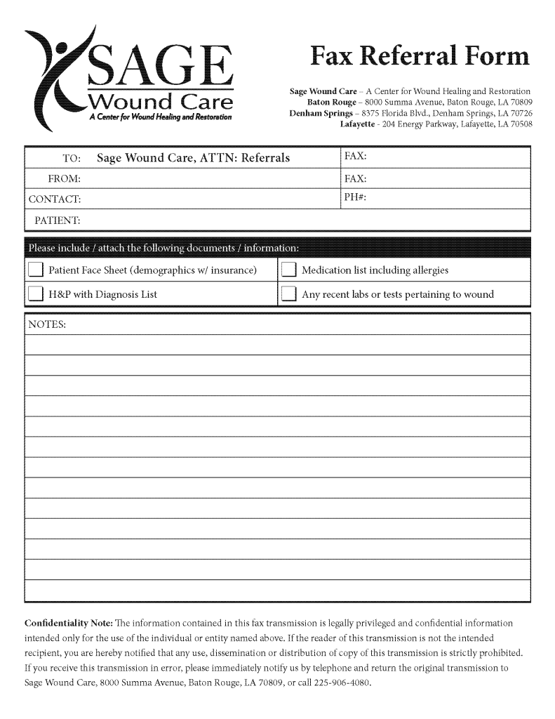 Sage Wound Care Fax Referral Form – 8.5×11 – S & S Printing