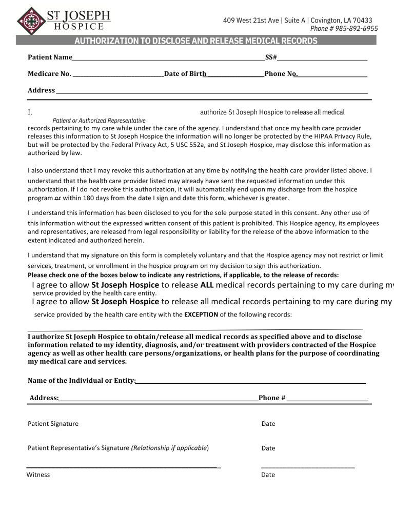 Authorization To Release Records – Northshore [2-Part Form] – S & S ...