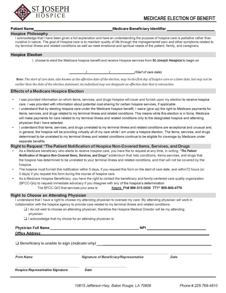 Medicare Hospice Election Statement – Baton Rouge [2-Part Form] – S & S ...