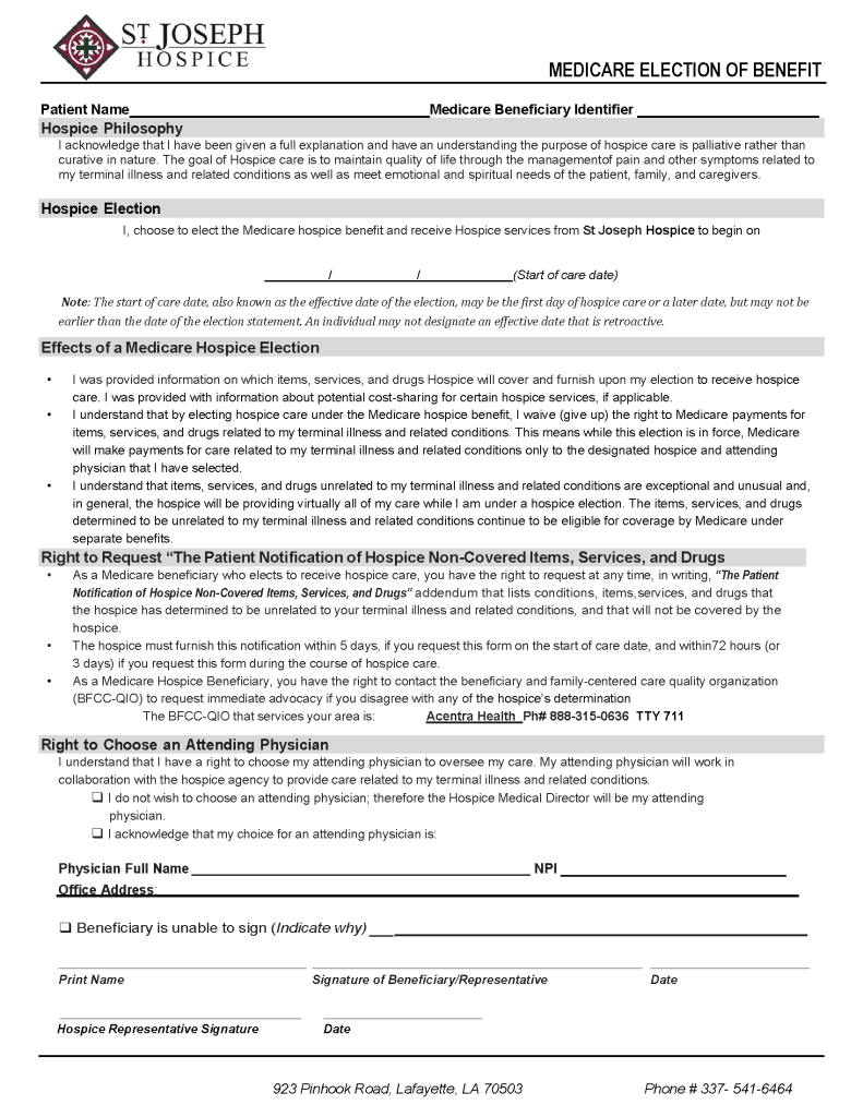 Medicare Hospice Election Statement -Lafayette [2-Part Form] UPDATED ...