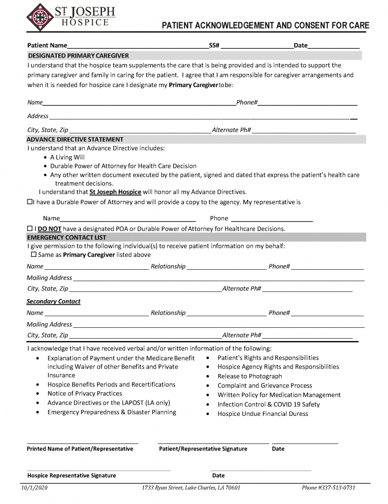 Patient Acknowledgement and Consent for Care – Lake Charles [2-Part ...
