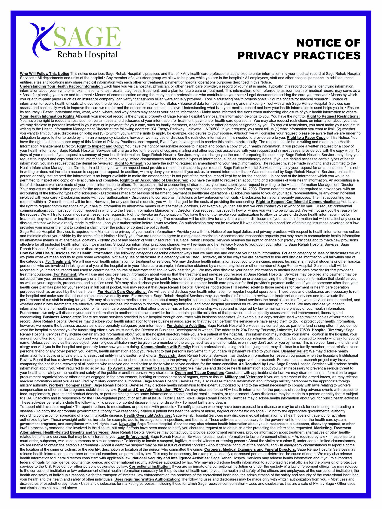 SAGE Notice of Privacy Poster – Lafayette [18×24] – S & S Printing