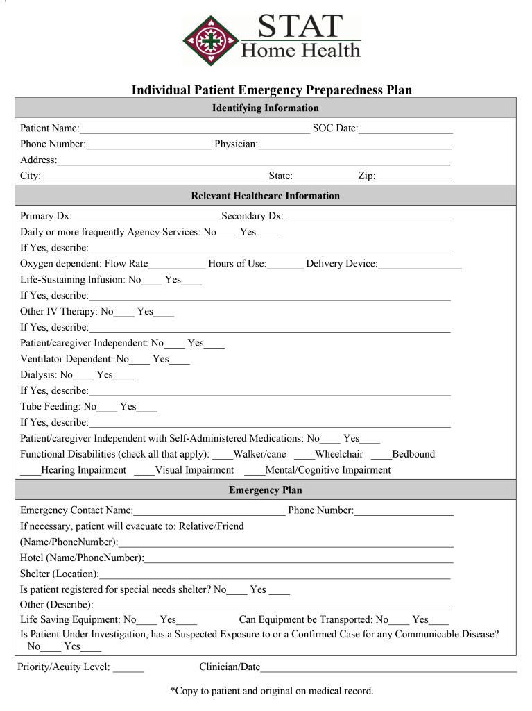 Individual Patient Emergency Preparedness – STAT [2-Part Forms] – S & S ...